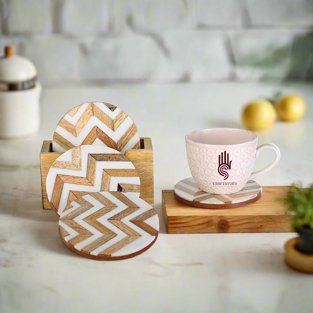 Resin Inlay Wooden Tea Coasters Set with Holder | Wooden Drink Coaster ...